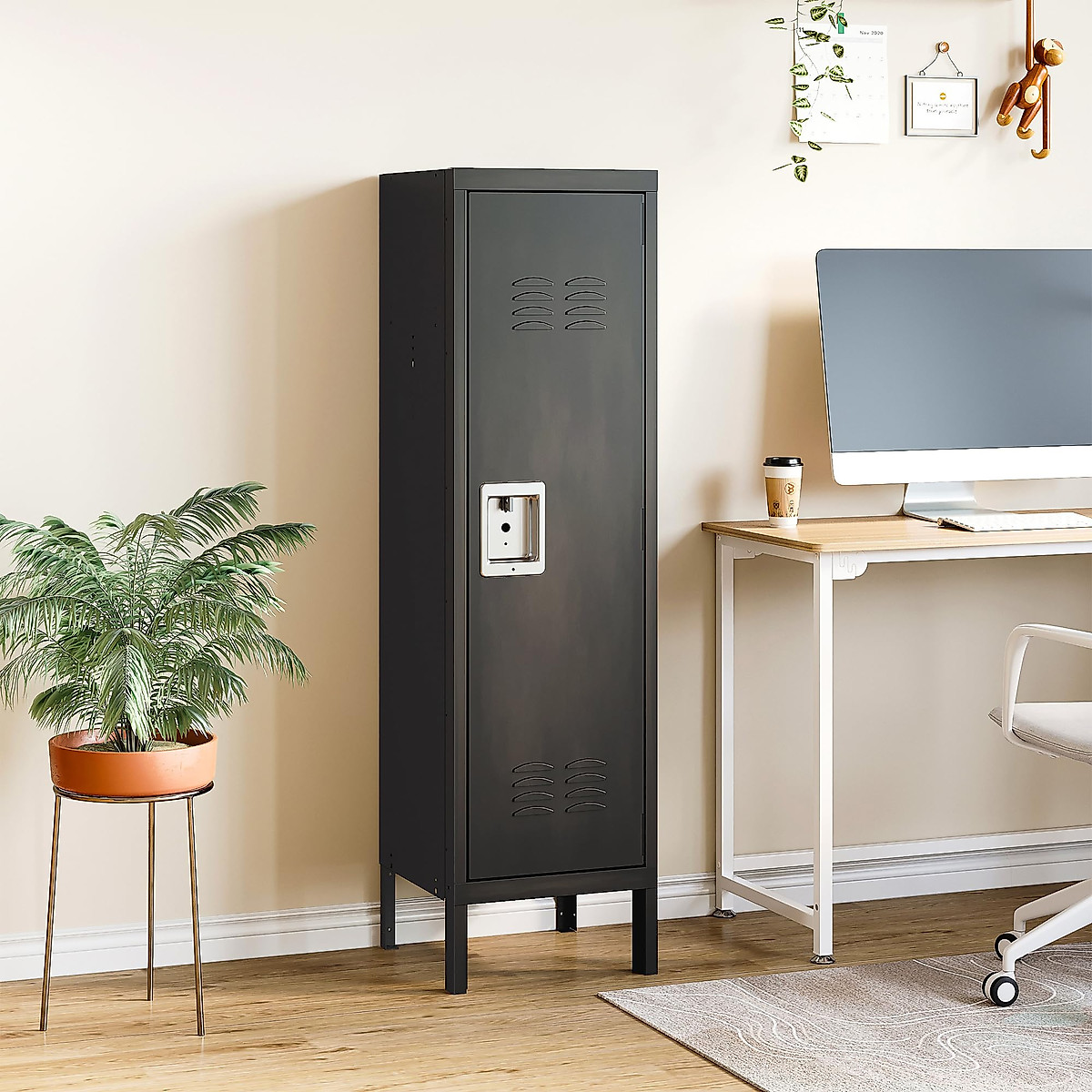 Anxxsu Metal Storage Locker, Lockable Employees Metal Locker with Door, 55" Height Steel Locker for Home, School, Office, Gym (Retro Black)