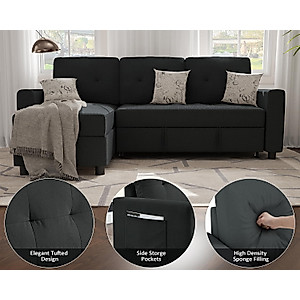 Ucloveria Sectional Sofa Couch, Sleeper Sofa Bed with Reversible Storage Chaise Pull Out Couch Bed for Living Room L-Shape Lounge 2 in 1 Futon Sofa with Side Storage Bag, Black