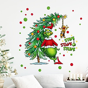 Yovkky Merry Christmas Wall Decals Stickers, Xmas Tree Max Dog 2025 New Year Bedroom Decor Home Kitchen Decorations, Winter Holiday Red Green Polka Dots Farmhouse Living Room Art Kids Boys Girls Gift