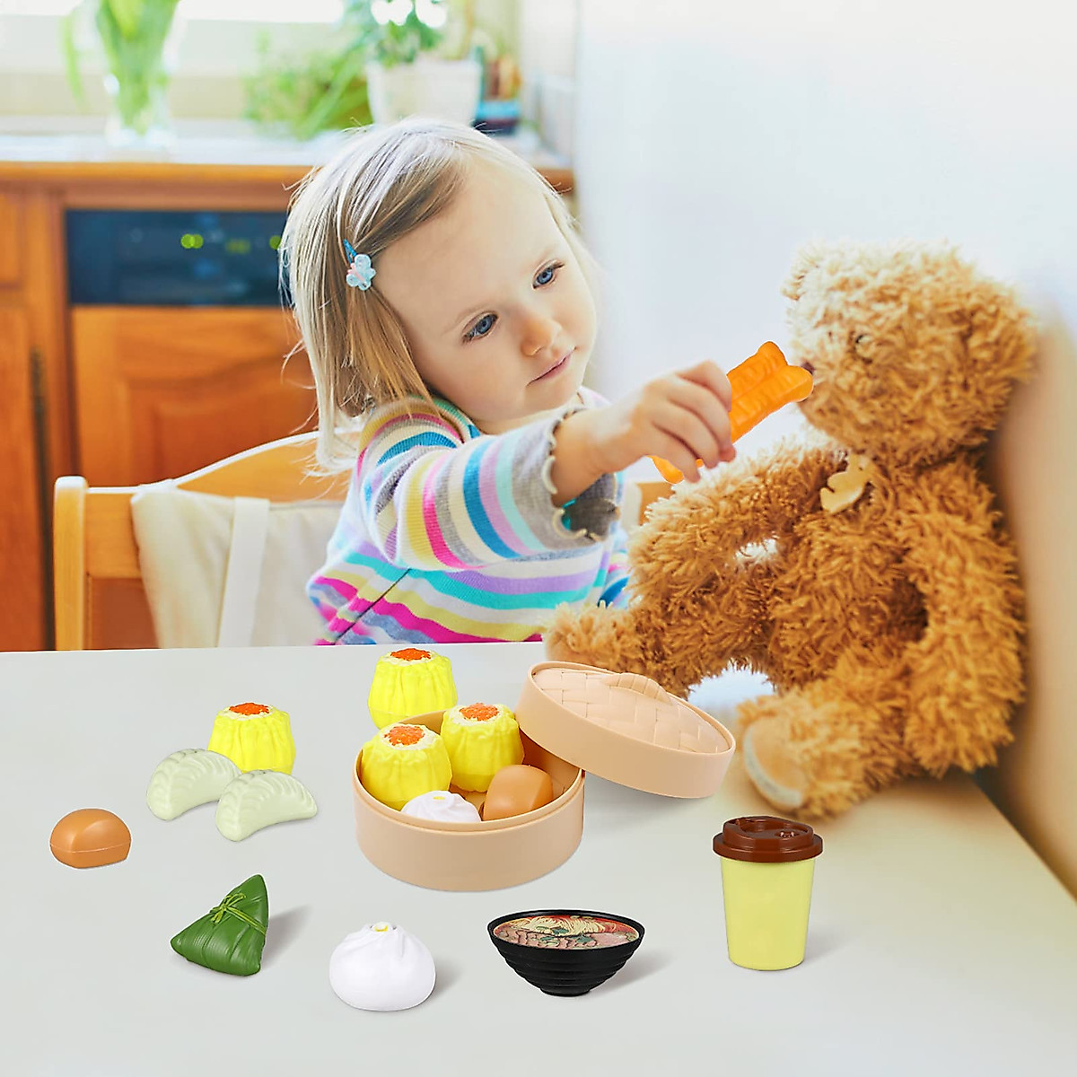 Play Food 26pcs Pretend Play Toy Asia Dim Sum Set Steamer Buns Chinese Breakfast Toy for Kids Food Kitchen Set Cooking Dish Asia Tea Time Birthday Gift, Style Random