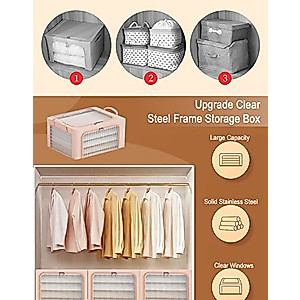 AARAINBOW Closet Clothes Organizer 3 Pcs, Stackable Storage Bins Steel Frame Storage Boxes with Lids Foldable Storage Container with Clear Window & Reinforced Handles, 24L (Gray green pink)