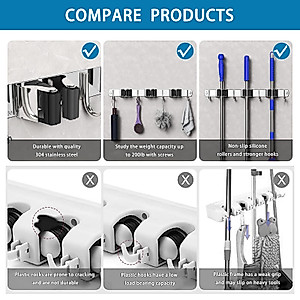 Vebroert Mop Broom Holder Wall Mount, Stainless Steel Broom Organizer Wall Mounted Self Adhesive, Garage Laundry Room Garden Organization Tool Storage Rack, Heavy Duty Hangers 5 Racks and 4 Hooks