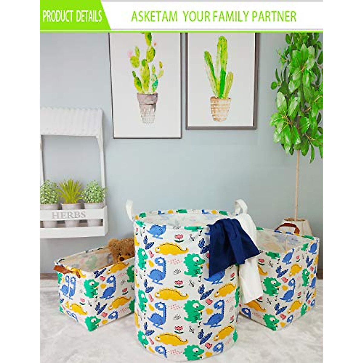 ASKETAM Baby Laundry Hamper, Cartoon Dinosaur, Durable, Large Capacity, Lightweight, Portable, Waterproof