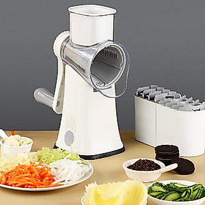 Rotary Cheese Grater and Shredder, Efficient Vegetable Cutter with Handle, 5 in 1 multifunctional Manual Mandoline Slicer for Home Use, Nuts Grinder, Durable Potato Slicer with Rubber Suction Base