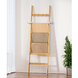 Cozivolife Blanket Ladder 6-Tier,Bamboo Towel Rack with 2 Anti-Tip Straps and 4 Hooks,Ladder Shelf Easy Assembly,Wall-Leaning Blanket Rack,Rustic Decorative Farmhouse Storage (Natural)