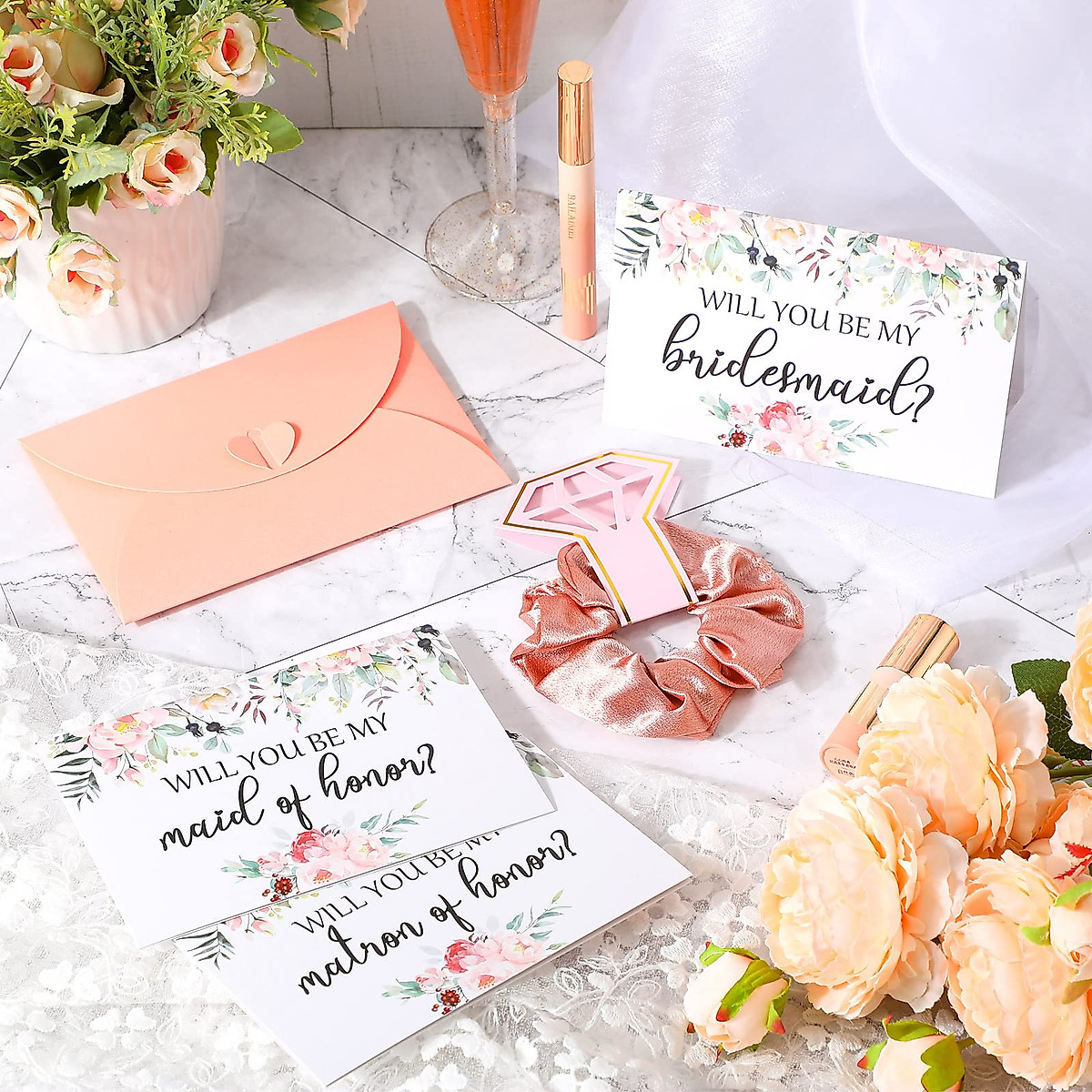 32 Pieces Bridesmaid Proposal Box Set Proposal Box Will You Be My Bridesmaid Cards with Envelopes Satin Scrunchie Bridesmaid Gift Box for Bridal Shower Wedding Bachelor Party (Flower Style)