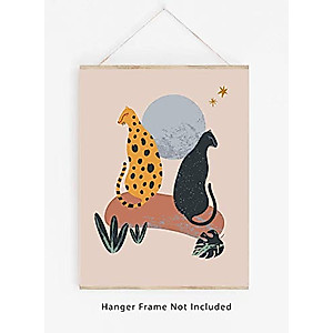 Abstract Mystical Jungle Cats No.11 Magical Wall Art Print - 11x14 UNFRAMED Boho Decor in Neutral Shades of Teal,Blue, Gold, Black & Terra Cotta.