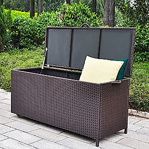 Outdoor Patio Wicker Storage Container Deck Box made of Antirust Aluminum Frames and Resin Rattan, 86-Gallon (Brown) (Large, Brown)