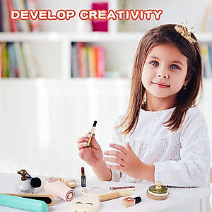 XAOHAO Pretend Play,Wooden Beauty Salon Toys for Girls, Make Up Set Toy Gift,15 Pieces Makeup Play Set with Makeup,Perfume,Lipstick,Mirror, Hair Dryer,Mascara, Cosmetics Case and Storage Bag