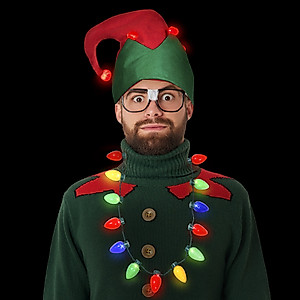 Windy City Novelties Ugly Sweater Christmas Party Kit - Holiday LED Elf Hat + LED Christmas Bulb Necklace Combo for Christmas Parties, Caroling, Gatherings & Party Favors