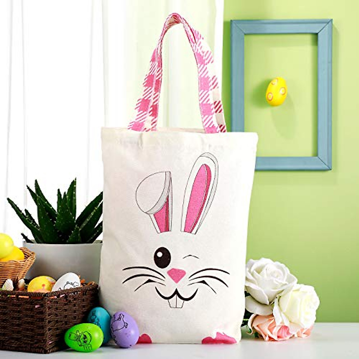 Weewooday 2 Pieces Easter Bunny Bags Large Easter Canvas Tote Bags Bunny Ears Basket Bags Spring Egg Hunts Bags for Easter Kids Eggs Candy Hunting Carrying Daily Usage (Blue, Pink)