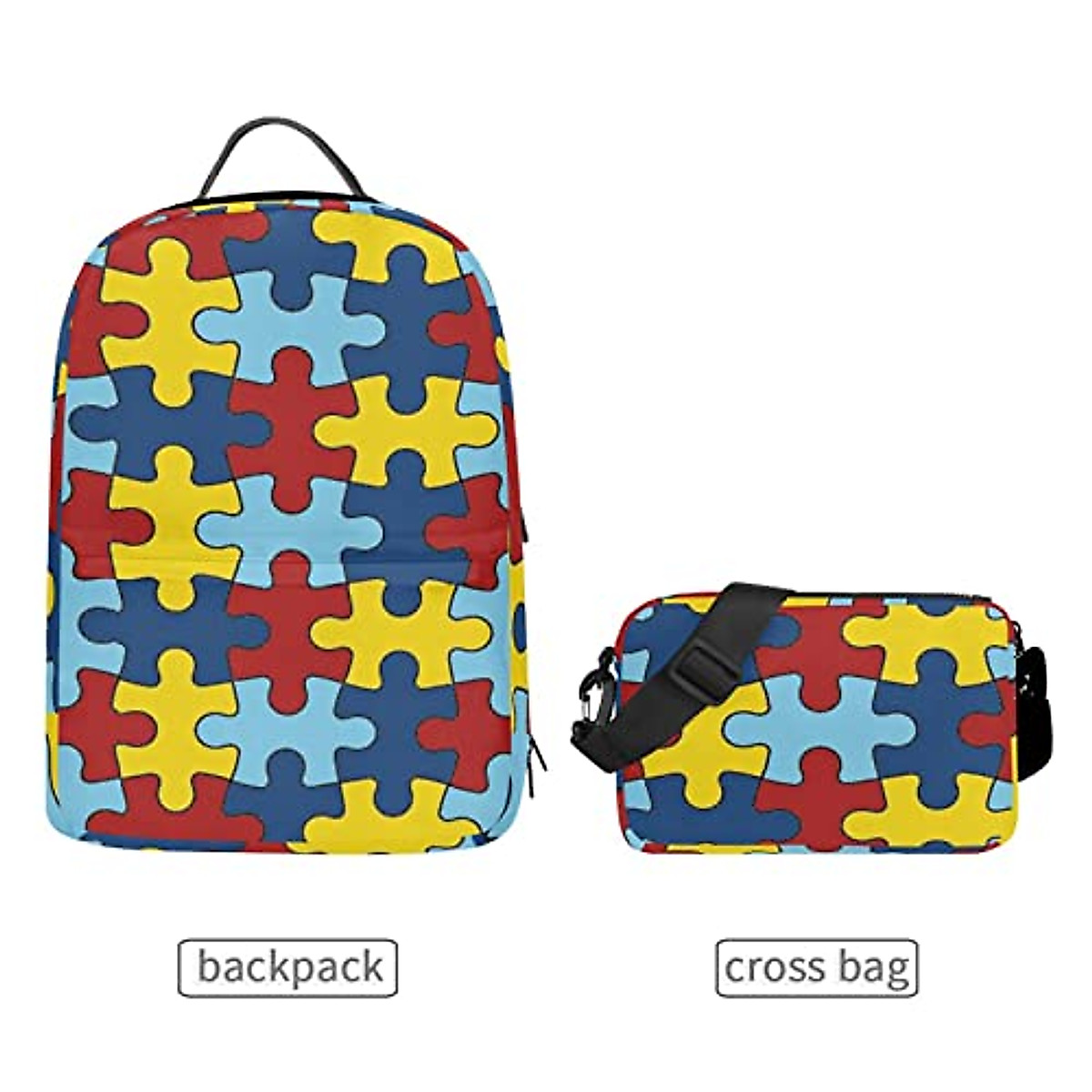 Autism Awareness Puzzle Detachable Big Student Backpack - School, Travel, or Work Bookbag with 15-Inch Laptop Compartment