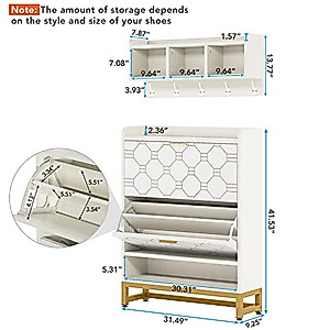 Tribesigns Shoe Storage Cabinet with Cubby Coat Rack, 3-in-1Design Free Standing Entryway Shoe Rack Cabinet with 2 Flip Drawers,5 Hooks,3 Storage Cubbies for Hallway, Mudroom, White and Gold