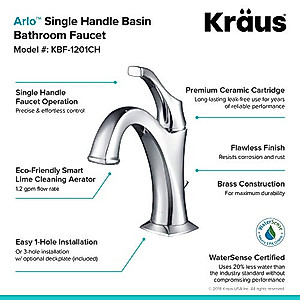 KRAUS Elavo 18 1/2-inch Square White Porcelain Ceramic Bathroom Vessel Sink with Overflow and Arlo Faucet Combo Set with Lift Rod Drain, Chrome C-KCV-150-1201CH