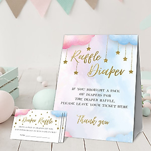 JCVUK Baby Shower Games, 1 Diaper Raffle Standing Sign with 50 Diaper Raffle Tickets, Twinkle Twinkle Little Star, Gold Moon and Stars Theme Gender Reveal Party Decorations and Supplies(LBLK-A06)