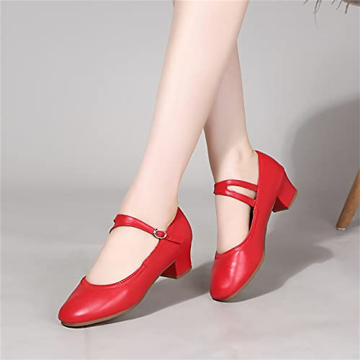 Women's Latin Dance Shoes Strappy Party Ballroom Character Shoes Low Heel Soft Bottom,Red,7