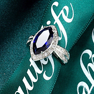 FZO Fashion Womens 925 Sterling Silver Marquise Ring Shiny Horse Eye Sapphire Ring CZ Pink Zircon Diamond Blue Gemstone Promise Ring Eternity Engagement Wedding Band Ring for Women ST.265 Blue, 7