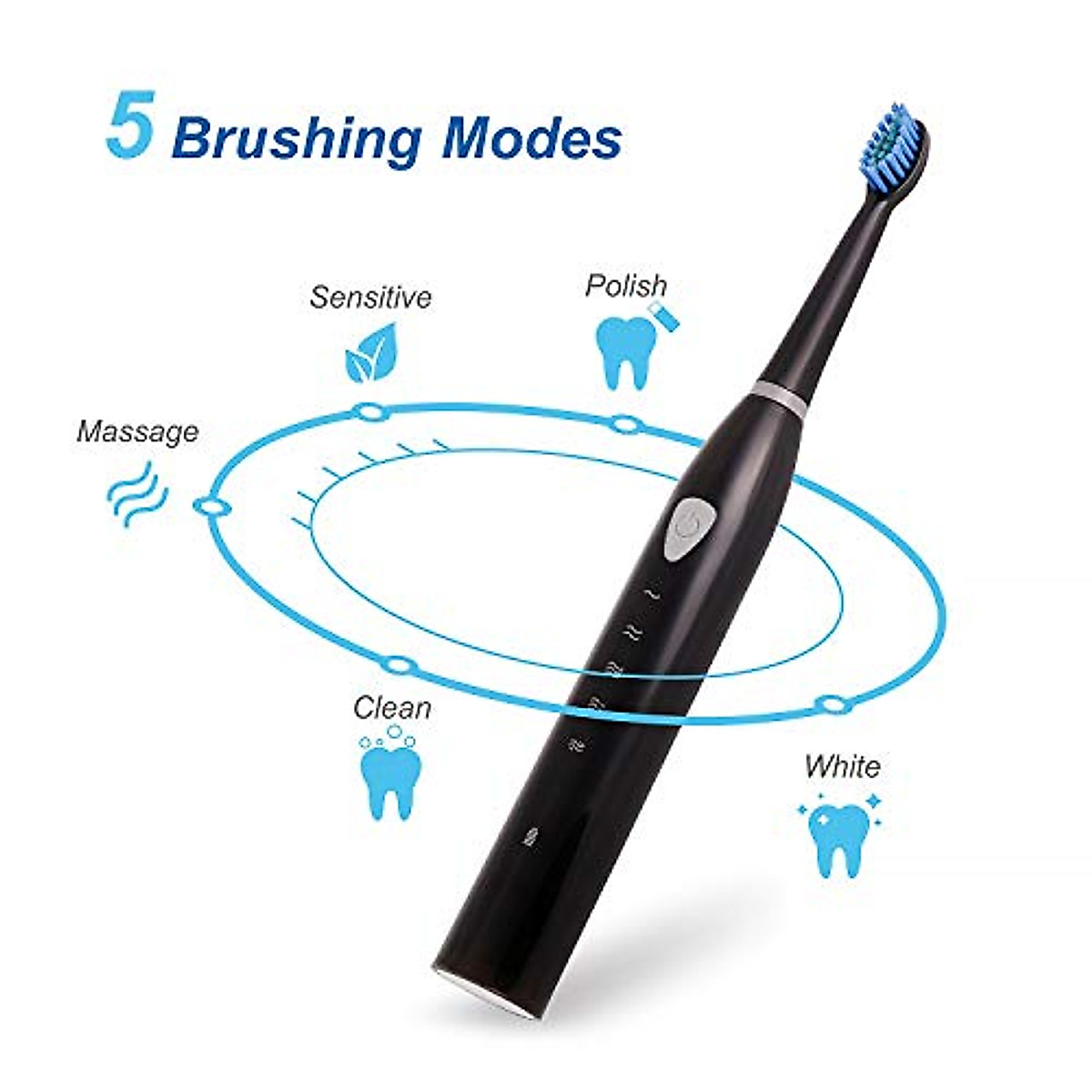 Rechargeable Electric Sonic Toothbrush for Adults 5 Modes Electric Toothbrush with 2 Mins Timer and 4 Brushheads, for Daily Tooth Whitening and Oral Care(Black)