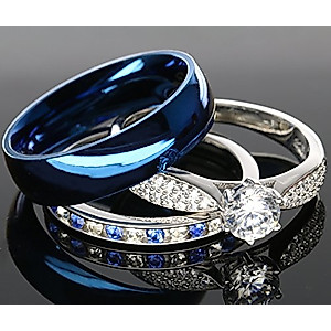 His and Hers 925 Sterling Silver Blue Saphire Stainless Steel Wedding Rings Set Blue #SP24BLMSBL (Size His 10, Hers 07)