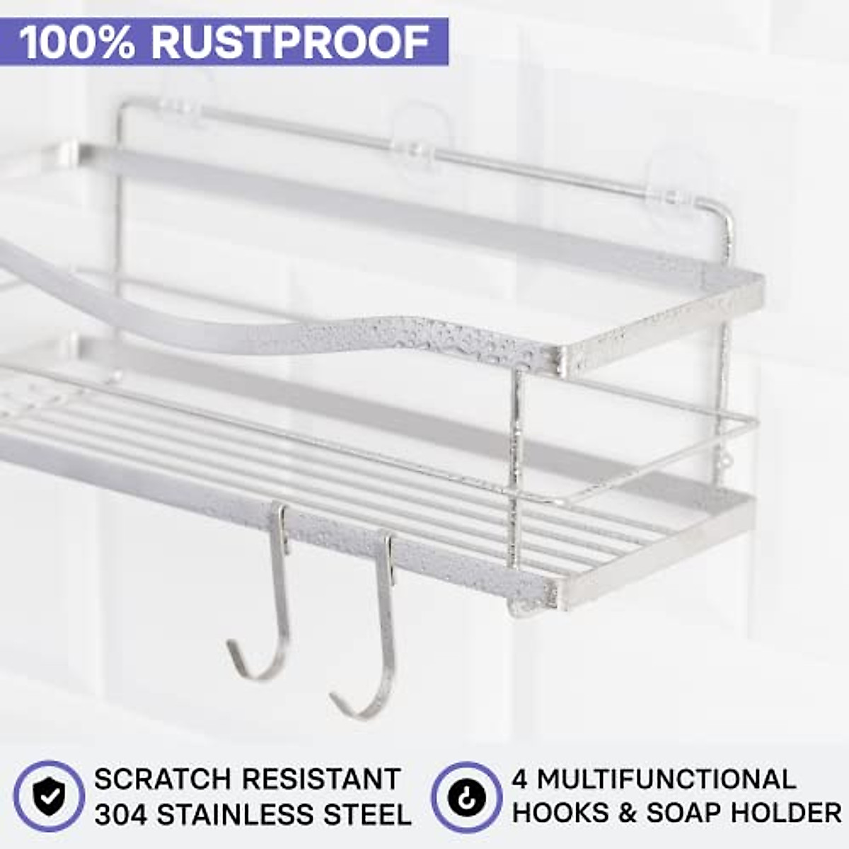 KINCMAX Shower Caddy and Soap Holder, Rustproof SUS304 Stainless Steel, Adhesive Wall Mount Double Baskets 3-pack with Hooks (Polished Silver)