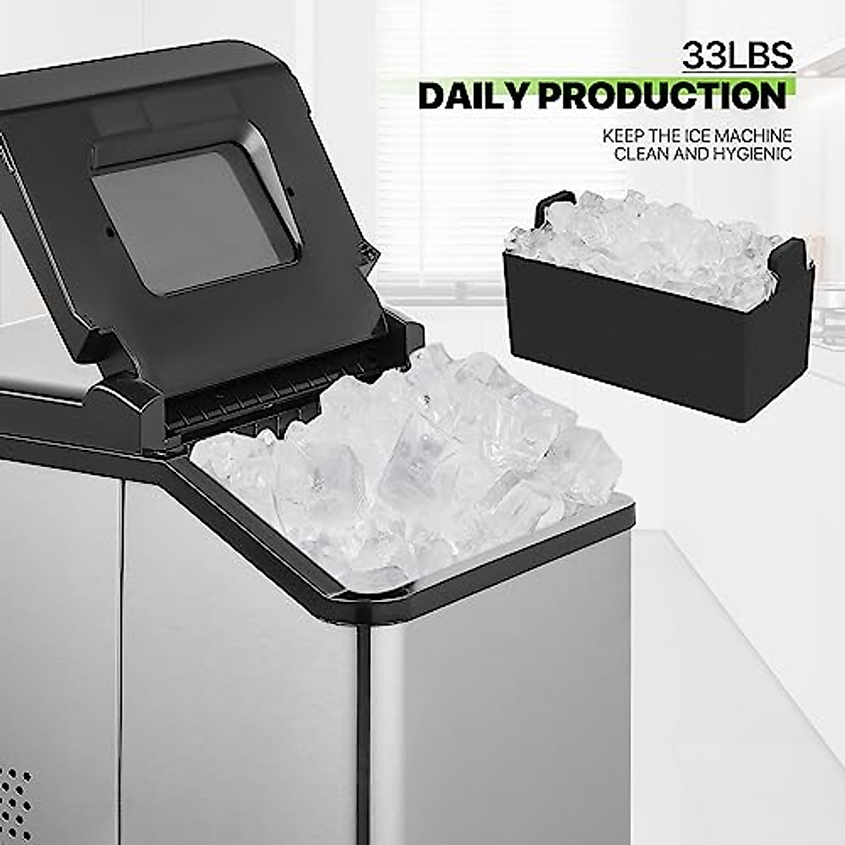 Magshion Dual-Size Countertop Ice Machine, Portable Self-Cleaning Ice Maker Machine, Creates 32 Square Cubes in 20 Mins, Makes up to 33 lb. in 24 Hours, Stainless-Steel