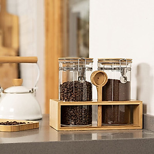 Yangbaga Glass Coffee Containers with Shelf, 2 x 45 FLOZ Coffee Bean Storage with Airtight Locking Clamp and Bamboo Spoon, Large Capacity Food Storage Jar for Kitchen