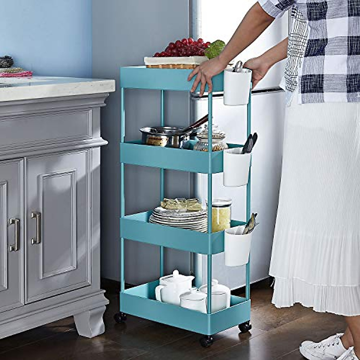 Beaugreen 4-Tiers Rolling Cart Slide Out Storage Tower Utility for Kitchen Bathroom Laundry Narrow Places (Blue)