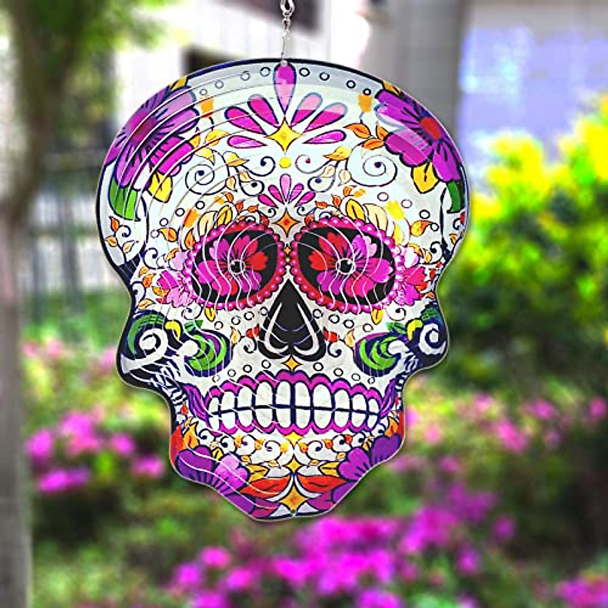 Fonmy Kinetic 3D Metal Garden Wind Spinner Quality Hanging Ornament for Home and Garden 12inch Mandala Daisy Sugar Skull Wind Spinners