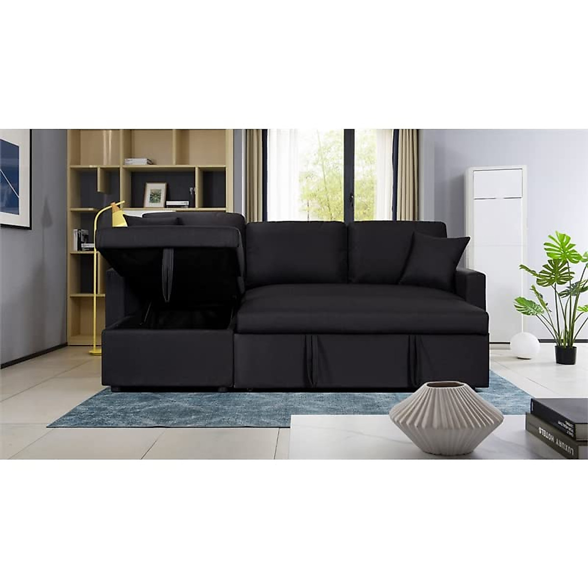 Pemberly Row Black Fabric Reversible Sleeper Sectional Sofa w/Storage Chaise