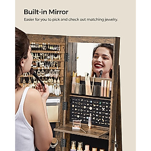 SONGMICS 6 LEDs Lockable Mirror Jewelry Cabinet, 360°Swivel Jewelry Organizer, Standing Jewelry Armoire, Frameless Full-Length Mirror, 3 Storage Shelves, Rustic Brown Surface, Black Lining UJJC007X01