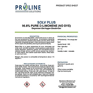 Proline Solutions SOLVE PLUS- 96.8% Pure D-Limonene. Bio-Degradable Solvent, Cleaner, Degreaser, Carpet Cleaner and much more!