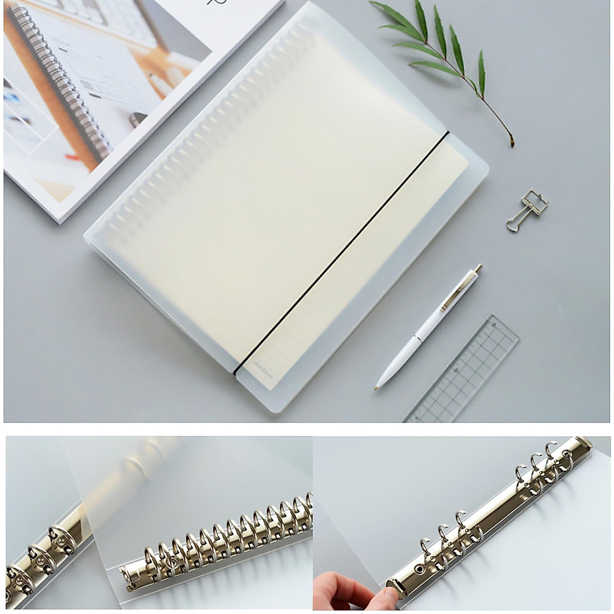 WDONAY 2 Pcs Translucent 6-Rings Binder Protector Cover Plastic Binder Protector Covers A5 Refillable Loose Leaf Folders Shell with Rubber Bands (6.89" x 9.45")