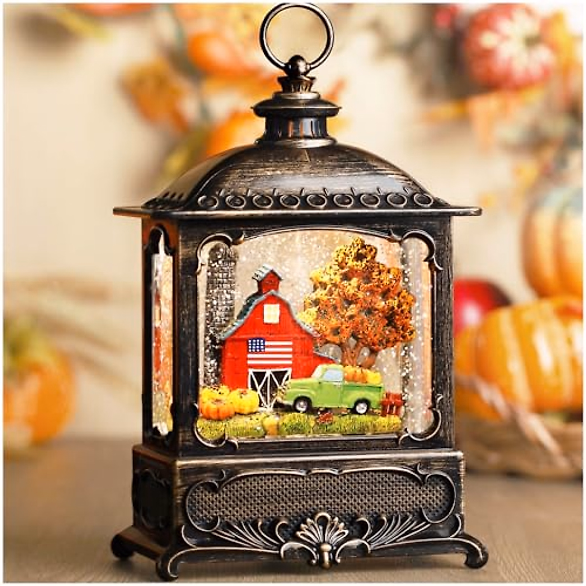Priddop Fall Snow Globe Lantern - Red Barn Truck Pumpkin Farm Glittering Autumn Harvest Decorations for Home, Thanksgiving