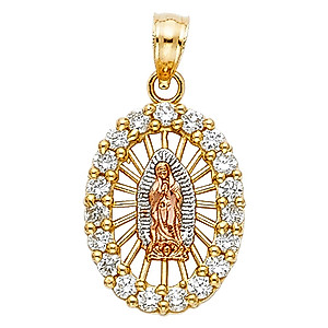 GoldenMine Fine Jewelry Collection 14k Tri Color Gold CZ Religious Our Lady of Guadalupe Pendant