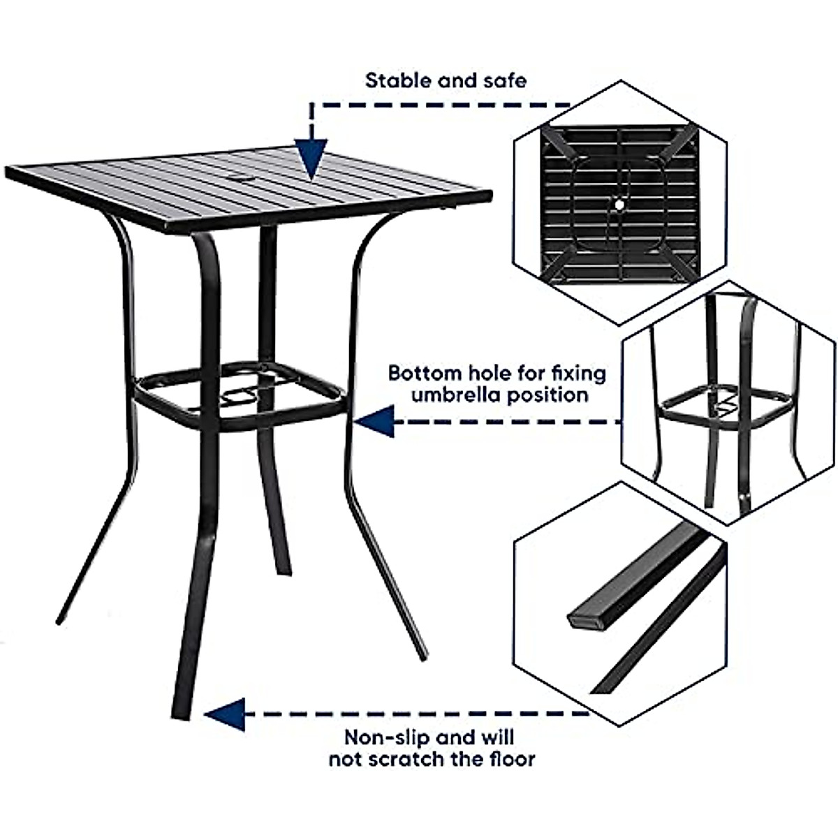 Patiomore Patio Bar Table, Outdoor Bar Height Bistro Table with Umbrella Hole, Metal Frame and Slat Design (Black)