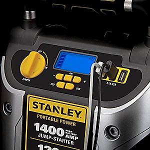 STANLEY J7C09D Digital Portable Power Station Jump Starter: 1400/700 Instant Amps, 120 PSI Air Compressor, 3.1A USB Ports, Battery Clamps