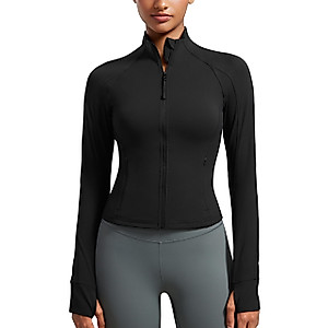 CRZ YOGA Butterluxe Womens Cropped Slim Fit Workout Jackets - Weightless Track Athletic Full Zip Jacket with Thumb Holes Black Small