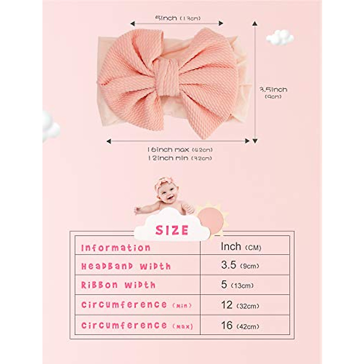 Makone 9PCS Baby Nylon Headbands Hair Accessories Hair Bows Stretchy Headband for Baby Girls Babies Newborn Infant Toddler