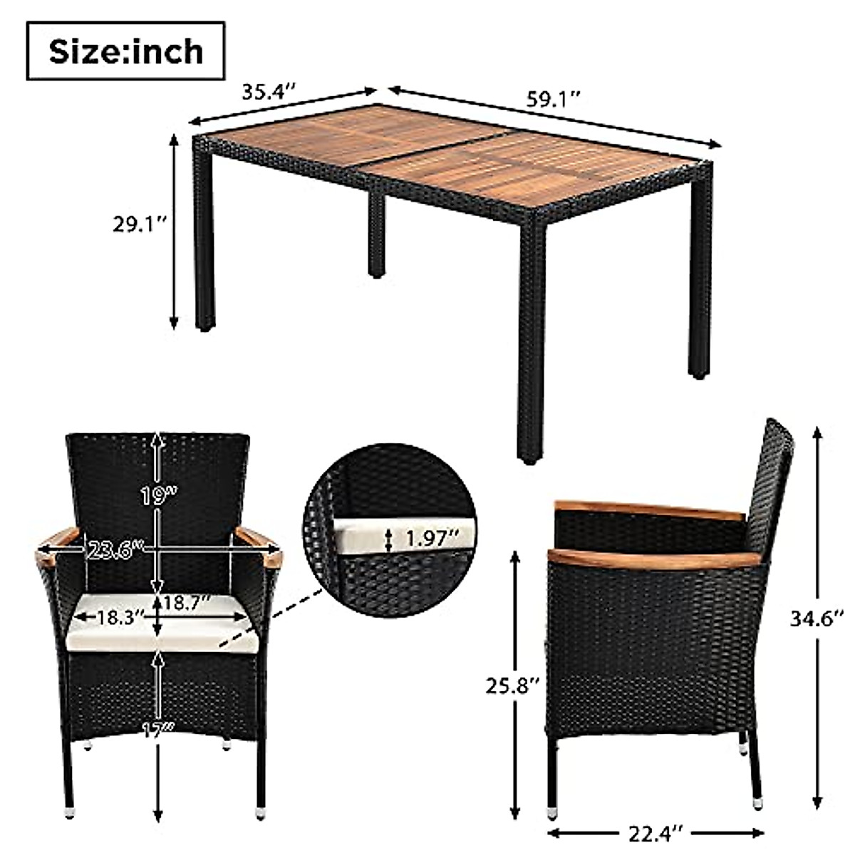 7 Pieces Outdoor Dining Set, Wicker Patio Dining Set for 6, All-Wheather Outdoor Table and Chairs with Acacia Wood Table Top and Cushions for Backyard, Garden, Poolside (Black)