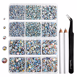 6736pcs Hotfix Rhinestones Flatback,AB Crystal Rhinestones for Crafts Clothes Mixed 5 Sizes, Hotfix Crystals with Tweezers and Wax Pencil Kit, SS6-SS30,Crystal AB