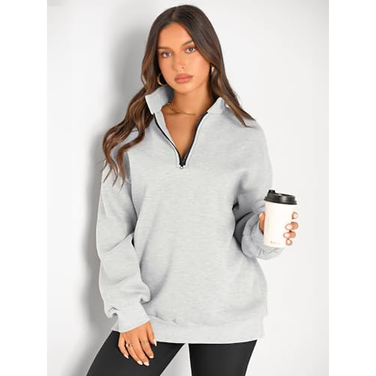 Trendy Queen Womens Sweatshirts Hoodies Oversized Half Zip Pullover Long Sleeve Shirts Tops Y2k Fall Sweaters Clothes 2024 Outfits Grey