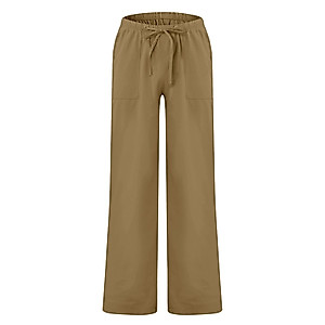 Men's Summer Casual Drawstring Beach Loose Slim Fit Trousers Linen Cotton Pants with Elastic Waistband White