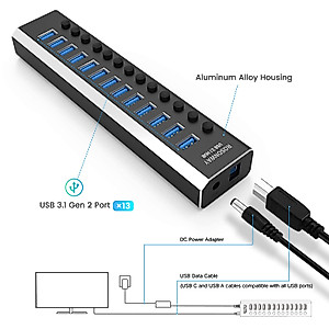 Powered USB Hub Rosonway Aluminum 13 Port USB 3.1/3.2 Gen 2 Hub 10Gbps with 72W (12V/6A) Power Adapter and Individual Switches, Type A and Type C Cables, USB C Hub Expander for PC and Laptop, RSH-A13