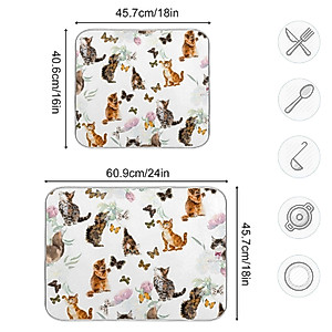 JUMBEAR Cat Butterflies Dish Drying Mat Absorbent Reversible Dish Drainer Pad Tableware Mat for Kitchen Countertop Home Decoration, 16 x 18 Inch