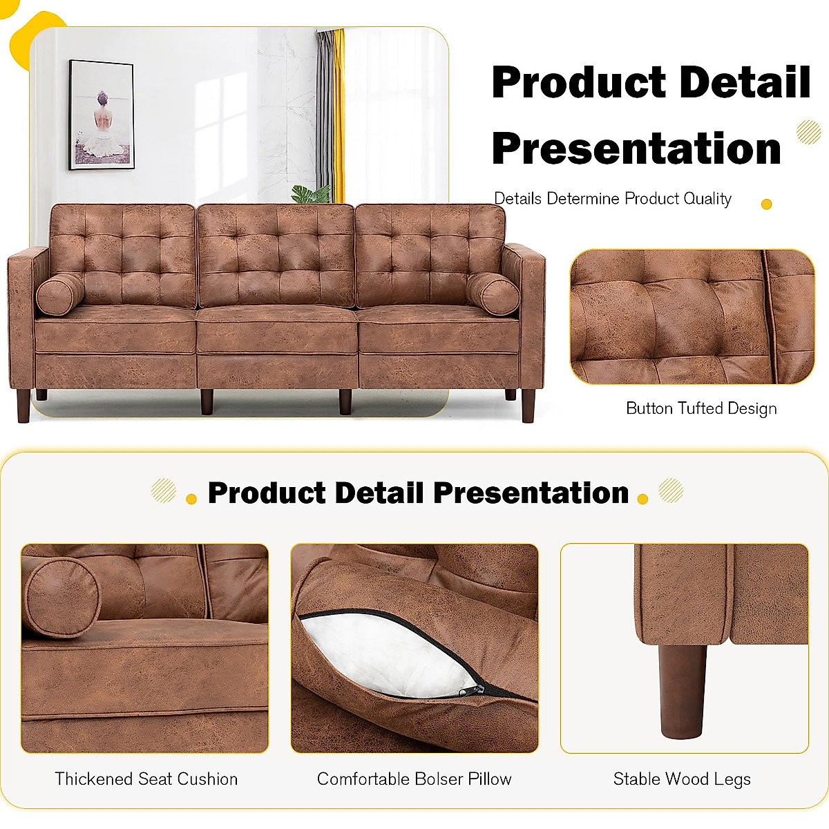 Lesofair 84" Faux Leather 3 Seater Sofa with 2 Bolster Pillows, Tufted Sofa with Wooden Legs, Mordern Couch for Living Room, Office, Apartment, Brown