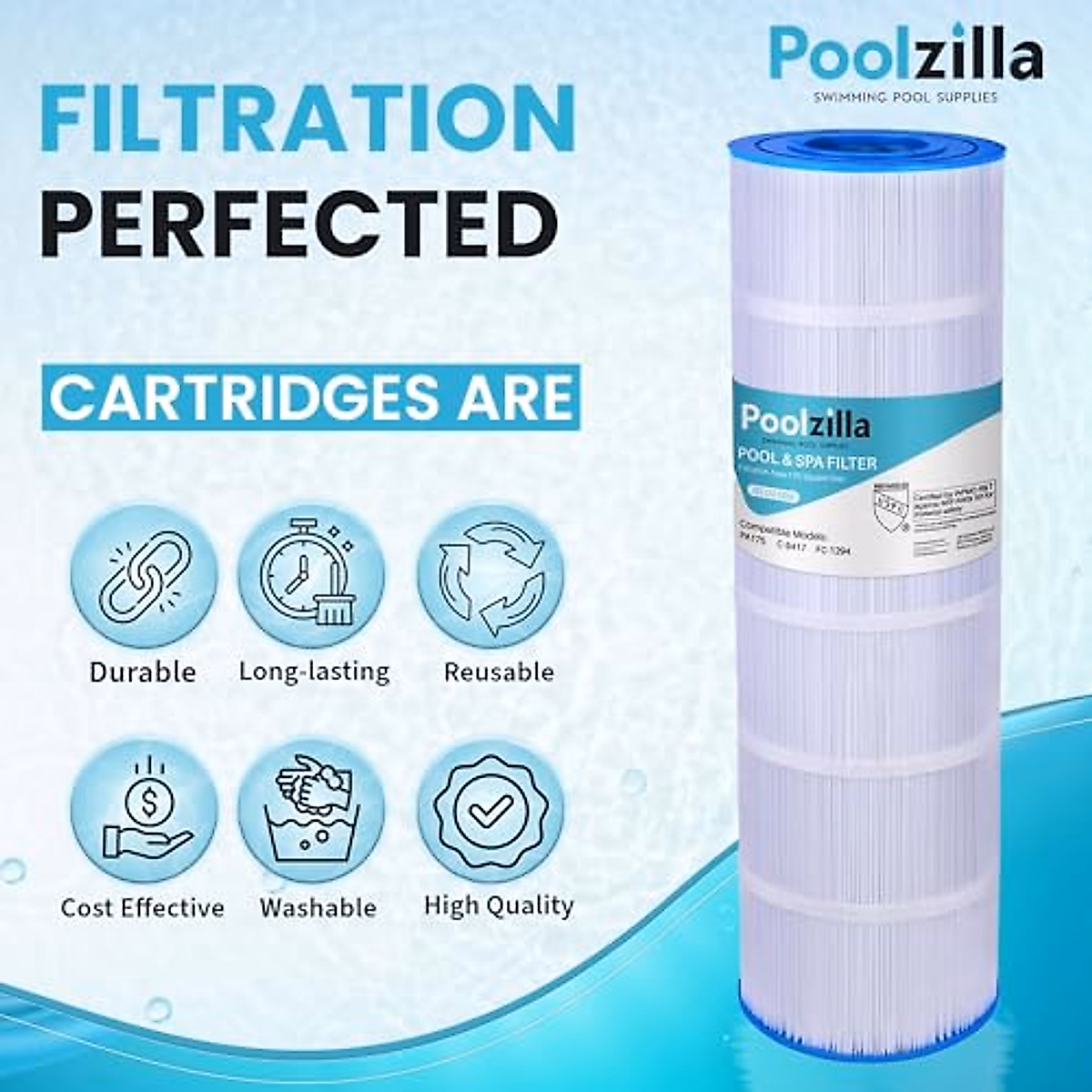 Poolzilla 1 Pack Pool Filter Replacement Cartridge for PLF175A, Filbur FC-1294, Hayward C1750, CX1750RE, PA175, Unicel C-8417, Waterway PCCF-175, 25230-0175S, 817-0175P, Sta Rite PXC 175