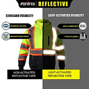 FONIRRA Hi Vis Safety Fleece Zip Hoodie for Men Reflective Sweatshirts ANSI Class 3 Jackets Detachable Hood (Yellow,XL)