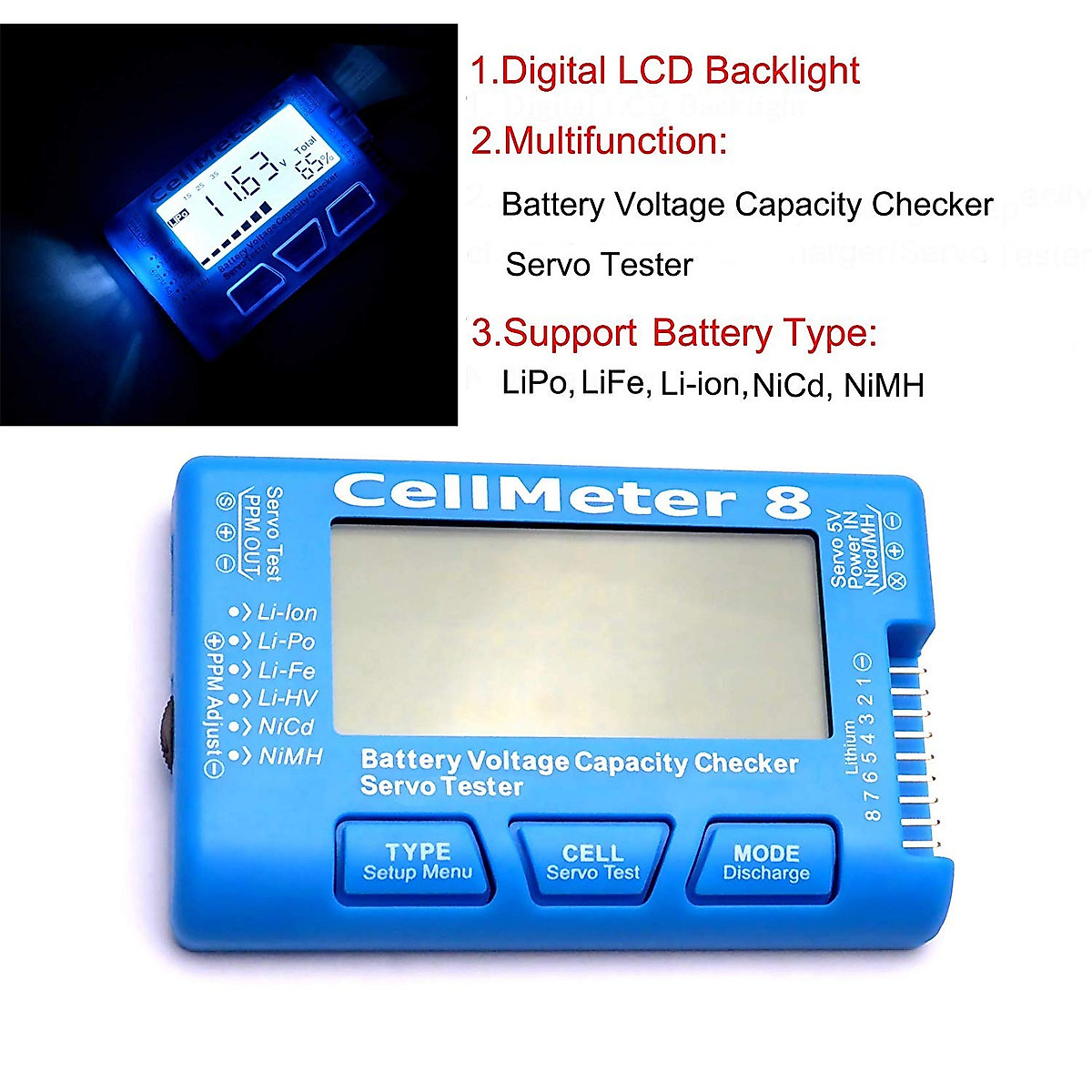 SoloGood RC CellMeter 8 Digital Battery Capacity Checker Battery Voltage Tester LCD Backlight for LiPo Life Li-ion NiMH Nicd Cell Meter Battery Checker