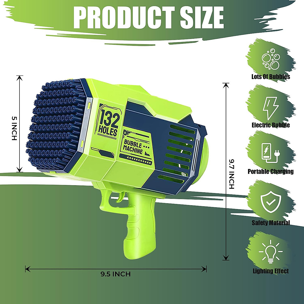 Dynasty Pro Bubble Machine Gun 132 Hole Bubble Maker - Bazooka Bubble Gun and Lights - 6000+ Bubbles Per Min Suitable for Children & Adults - Electric Bubble Gun For Indoor, Outdoor & Birthday (Green)
