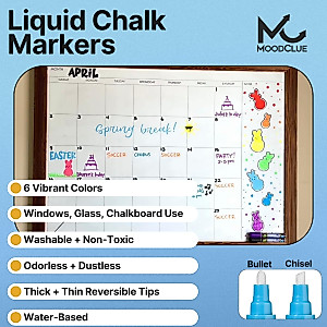 MoodClue liquid chalk markers for glass, mirrors, windows, car windshields, auto, white boards, glass boards, chalkboards. 6 neon. Reversible - thick, thin tip. Washable, erasable. Wet or dry erase.